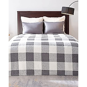 Panku Plaid Sherpa Throw Blanket with Solid Plush Reverse, Reversible Soft Fleece Checkered Blanket for Couch and Bed, Cozy and Warm Fuzzy Blanket, Grey Plaid, 50x60 Inches