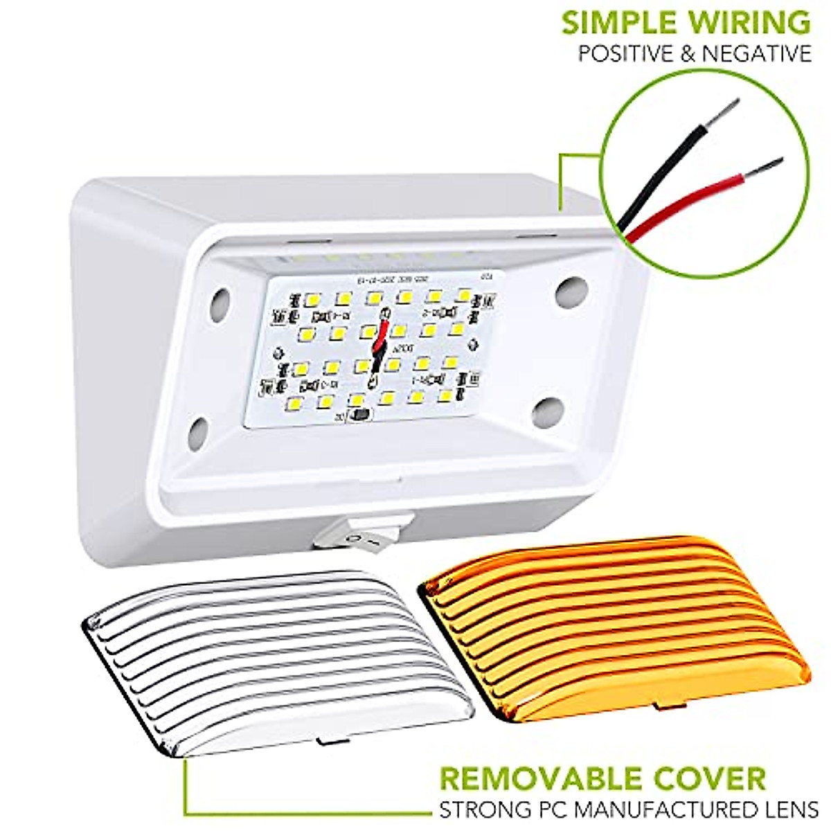 Leisure LED RV Exterior Porch Utility Light with Switch - 12v 280 Lumen Lighting Fixture. Replacement Lighting for RVs, Trailers, Campers, 5th Wheels. White Base, Clear and Amber Lens (White, 1-Pack)