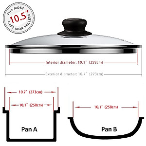 Glass Lid for Frying Pan, Fry Pan, Skillet, Pan Lid with Handle Coated, Fits Lodge 10.5 Inch Cast Iron Skillets10.5"/26cm, Clear