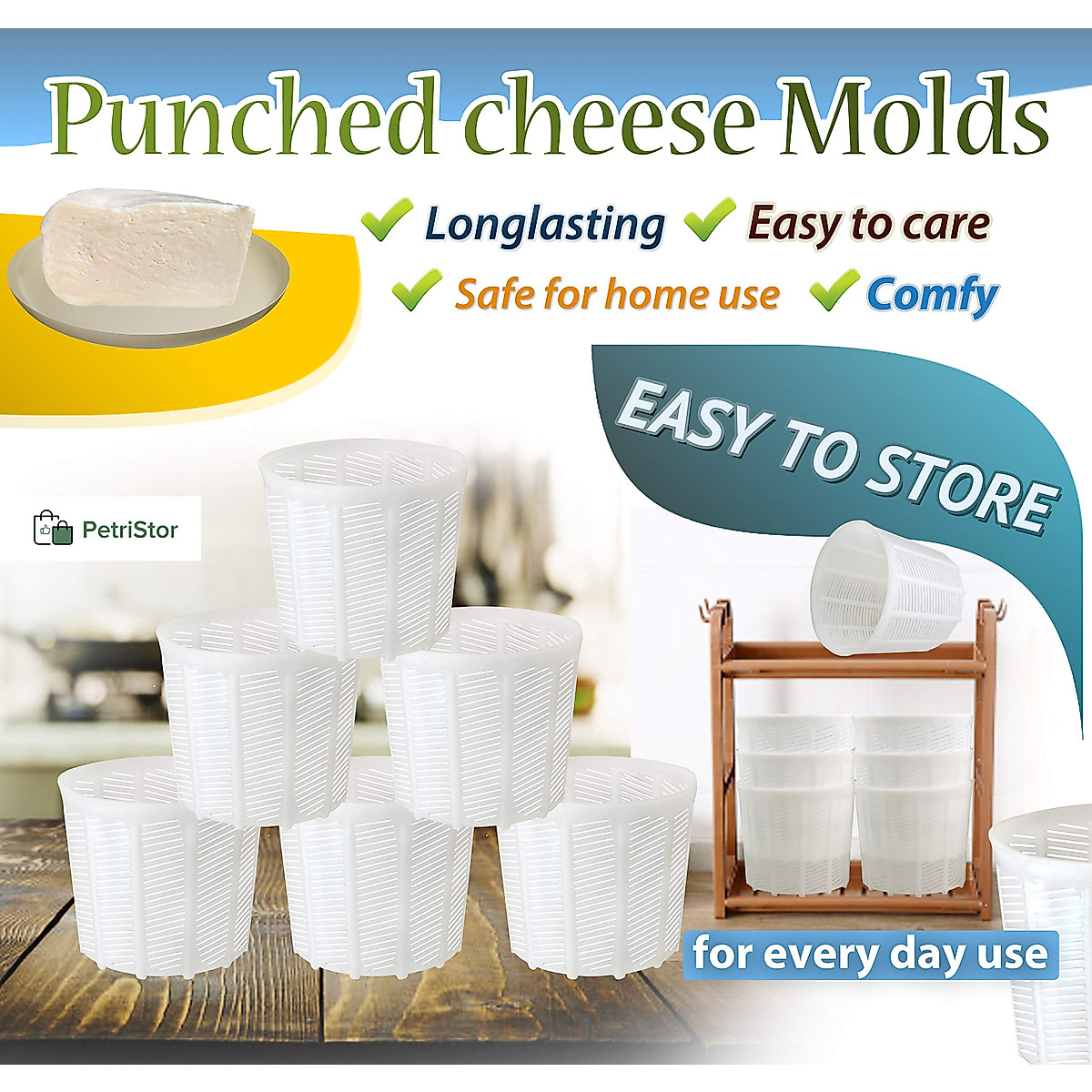 PetriStor 6 Pcs Soft Cheese Mold for Cheese Making 1.85QT - Cheese Making Mold - Cream Cheese Form Mold - Homemade Cheese Making Supplies - Molde Para Queso Fresco Casero - Feta Cheese Making Basket
