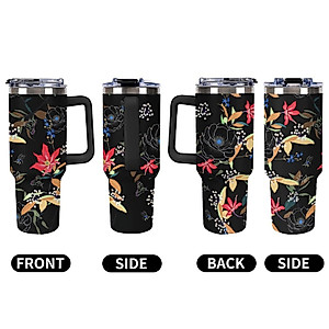 40oz Insulated Tumbler with Handle & Straw Stainless Steel Vacuum Sealed Water Bottle Leakproof Travel Mug for Car, Outdoor & Home BPA-Free Double Wall Cold Hot Beverage Thermos Flower