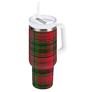 40 Oz Red Green Grid Tumbler Cups with Handle and Straw, Insulated Vacuum Tumbler