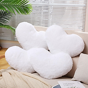 Remerry 4 Pcs Heart Shaped Cute Throw Pillows Faux Rabbit Fur Heart Pillow Soft Fluffy Throw Cushion Decorative for Bedroom Bed Sofa Kid Girls Sleepover Party(White)