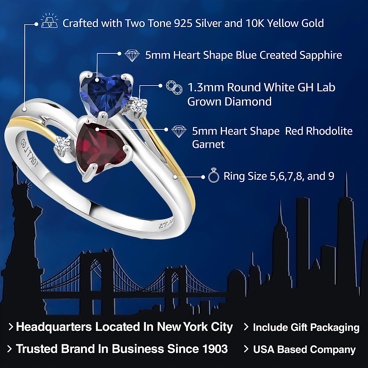 Gem Stone King 1.07 Ct Blue Created Sapphire Red Rhodolite Garnet 925 Silver and 10K Yellow Gold Lab Grown Diamond 2 Heart Promise Couple Engagement Mother Ring (Size 5)