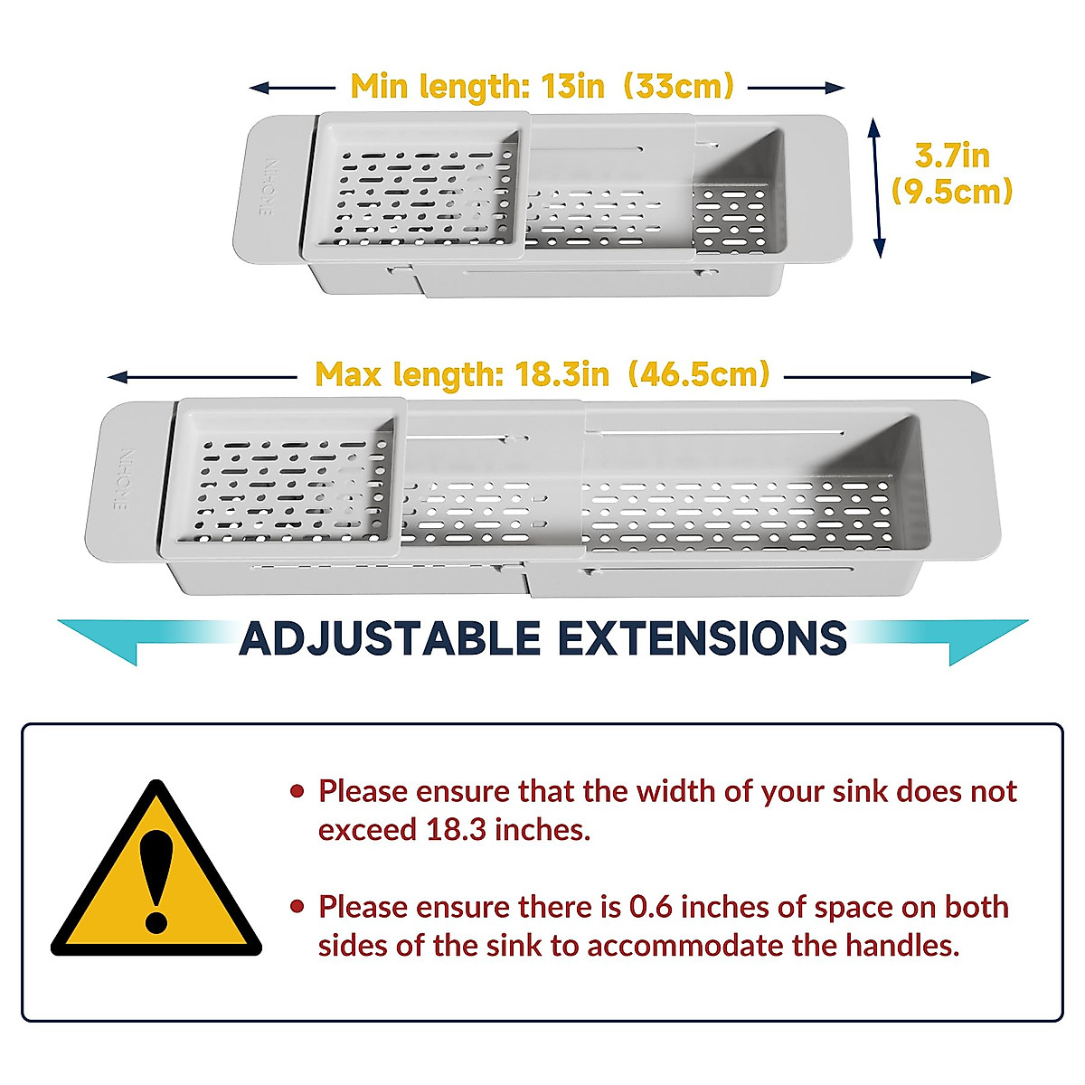 NiHome Extendable Over Sink Kitchen Organizer, Telescopic Sink Storage Rack for Sponge, Non-Slip Pads Expandable Sink Caddy, Adjustable Sponge/Brush Rack with Drainage Durable ABS Material (Grey)