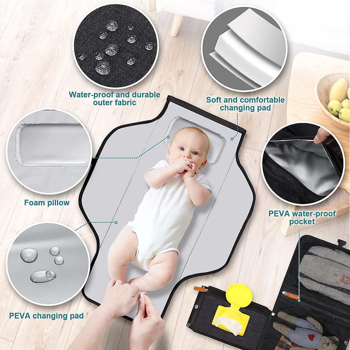 Portable Diaper Changing Pad, Baby Diaper pad for Travel and Changing Table, Waterproof /Lightweigt Changing Clutch Kit, Black