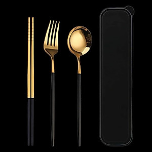 Black and Gold Cutlery Set with Cases Stainless Steel Flatware Set Portable Reusable Cutlery Set Travel Utensils Set Including Chopsticks Knife Spoon and Case