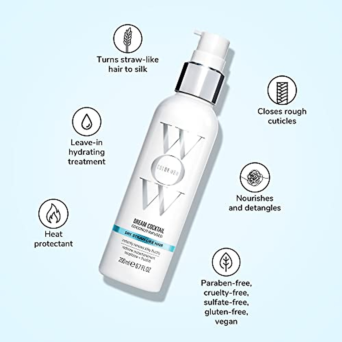 Color Wow Dream Cocktail Coconut Infused – No frizz leave in conditioner turns dry, damaged hair to silk in a single blow dry; Coconut oil complex detangles, silkens; heat protection; closes cuticles