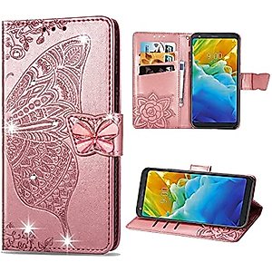 Ysnzaq Samsung Galaxy Z Fold3 5G Wallet Phone Case,3D Butterfly Embossed PU Leather Magnetic Clasp Case with Credit Card Slots Holder Cover for Samsung Galaxy Z Fold3 5G Rhinestone Rose Gold