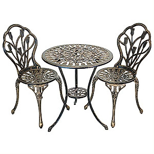 Patio Premier 217005 3pc Outdoor Tulip Garden Bistro Set, Cast Iron and Aluminum Frame, Bronze