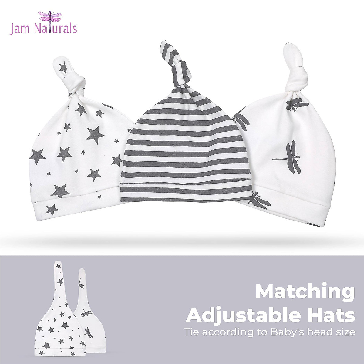Jam Naturals- Organic Knotted Tie Bottom Adjustable Velcro Swaddle and Hat Set of 3, Newborn Sleep Sack (0-3m, 7-14lbs Grey)