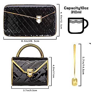 FLLETY Coffee Mug,Tea Cup Set,Coffee Cups Ceramic Travel Mug,Handbag Shaped Mug With Saucer And Spoon,Halloween Mugs With Gift Box For Women (Black)