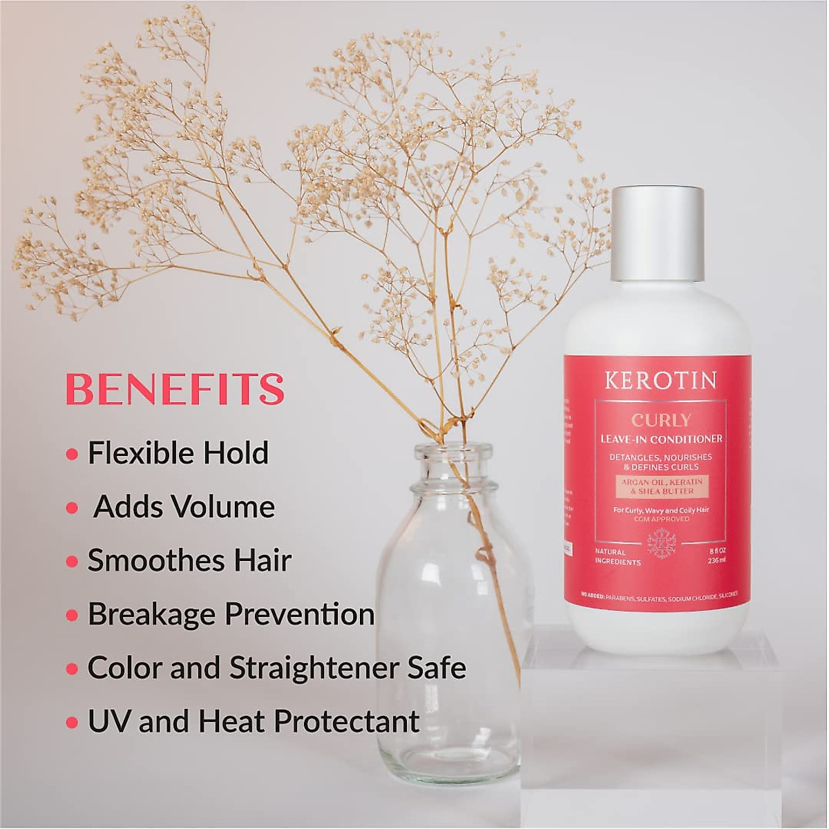Kerotin Leave-in Conditioner - Curl and Wavy Hair - Detangler, Moisturizing and Anti-Frizz, Approved Cream with Argan Oil | Free of Sulfate and Artificial Fragrances.