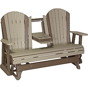 LuxCraft 5' Adirondack Double Glider Bench, 2 Person Glider Chair, Outdoor Glider Bench, Outdoor Loveseat Glider (Weatherwood on Chestnut Brown)