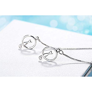 White Gold Plated Long Tassel Chain Sweet Cat on Moon Dangle Drop Threader Earrings for Women