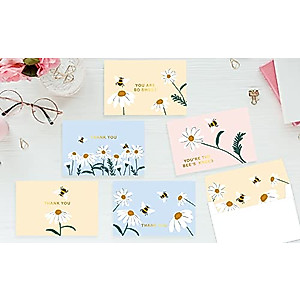 Gooji 4x6 Bee & Dasiy Gold Foil Thank You Cards (Bulk 20-Pack) Matching Peel-and-Seal Envelopes | Assorted Set, Watercolor, Birthday Party, Baby Shower, Weddings, Greeting, Blank Notes