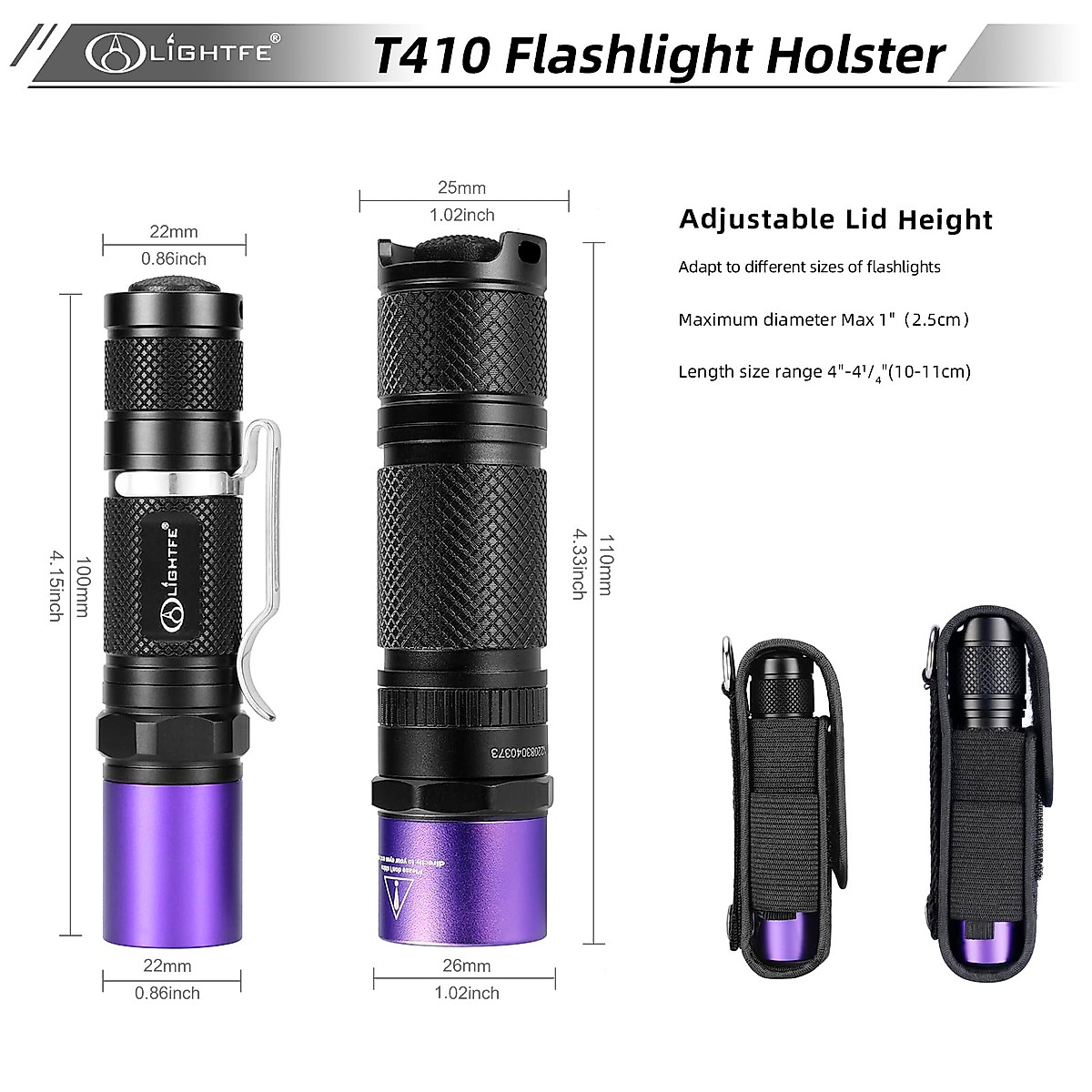 Flashlight Holster T410 Tactical Flashlight Holster Suitable for flashlights with a Length of 3.9 "-4.3" or a Diameter of 25mm, to a Length of 110 mm. Adjustable Thick and Durable Flashlight Pouch…