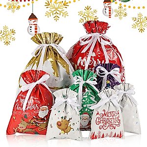Christmas Drawstrings Gift Bags, 2024 New Christmas Gift Bags Assorted Sizes Christmas Wrapping Bags Multipack, Holiday Drawstring Gift Bags Multicolor Xmas Gift Treat Bags (24)
