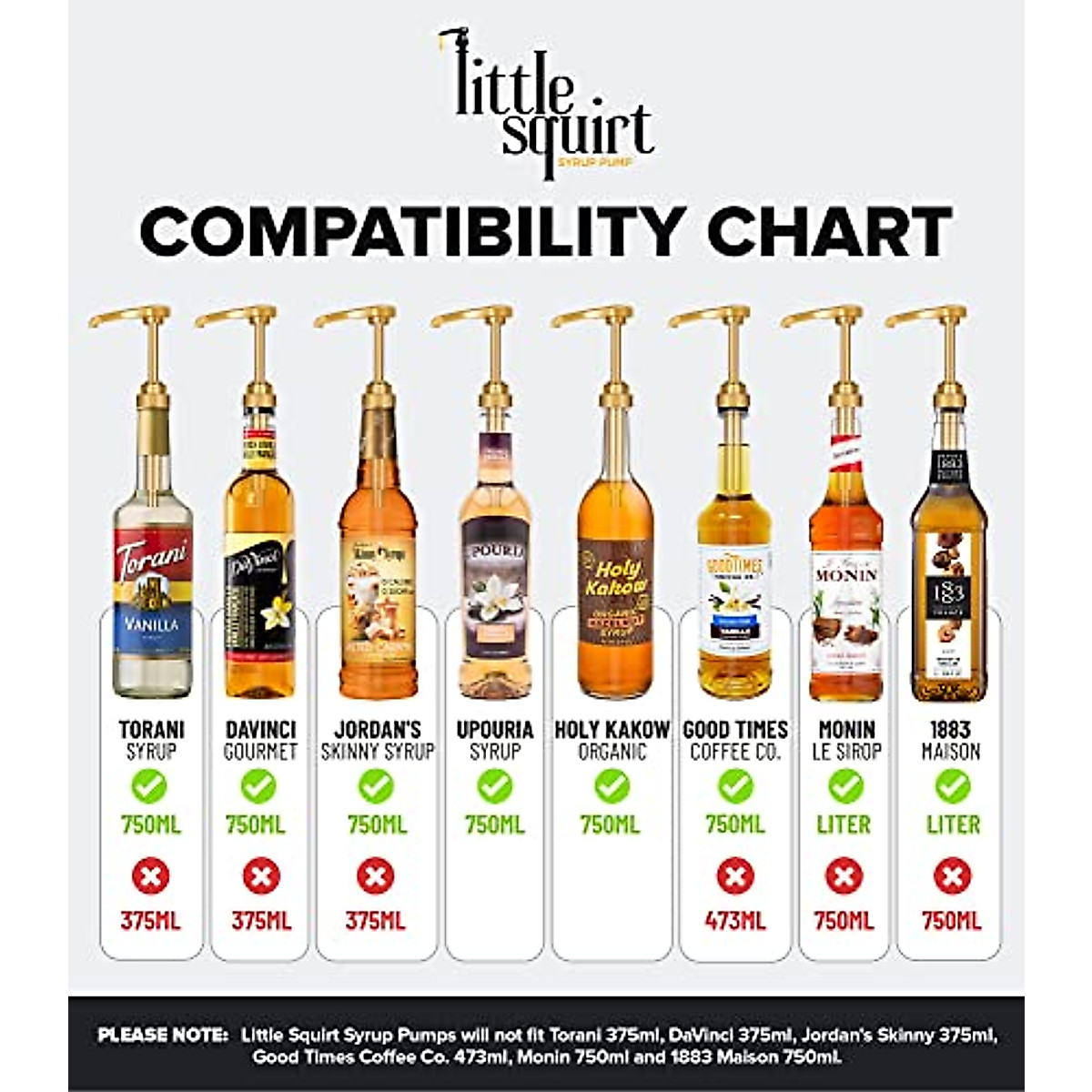 6-Pack Gold Torani Syrup Pump for Coffee Syrup Bottle by Little Squirt, Fits Torani & Skinny Syrup 750ml, Monin Liter Bottles, Coffee Syrup Pump Dispenser & Coffee Bar Accessories