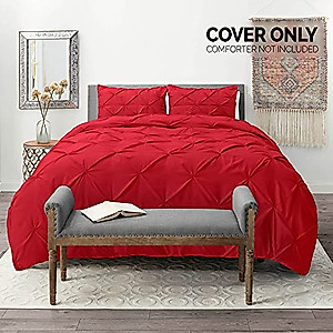 Nestl Red Duvet Cover Queen Size - Pintuck Queen Duvet Cover Set, 3 Piece Double Brushed Duvet Covers with Button Closure, 1 Pinch Pleated Duvet Cover 90x90 inches and 2 Pillow Shams
