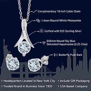 Gem Stone King 925 Sterling Silver Aquamarine Pendant and Earrings Jewelry Set For Women (2.25 Cttw, Round Gemstone Birthstone, with 18 Inch Silver Chain)