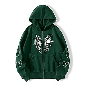 Y2K Gothic Spider Web Heart-shaped Print Hoodied Pullover Punk Zip Up Jacket Coat Harajuku Loose Oversized Streetwear (Black Pink,S)