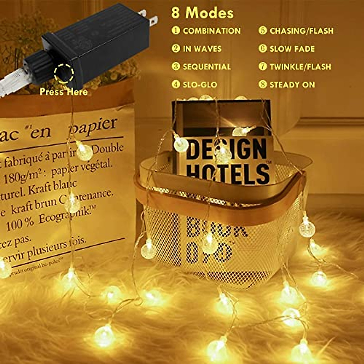 YIQU 49FT 100 LED Fairy String Lights Plug in, Extendable Globe Christmas String Lights Indoor Outdoor with 8 Modes, Fairy Lights for Bedroom Wedding Party Decoration Christmas Garden (Warm White)