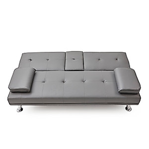 Anwick Futon Sofa Bed Faux Leather Couch Bed Modern Convertible Folding Recliner with 2 Cup Holders and Metal Legs for Living Room Apartment Dorm w/Removable Armrests, (Gray)