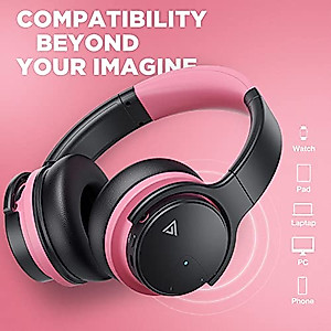 PurelySound E7 Active Noise Cancelling Headphones, Wireless Over Ear Bluetooth Headphones, 20H Playtime, Rich Deep Bass, Comfortable Memory Foam Ear Cups for Travel, Home Office -Pink