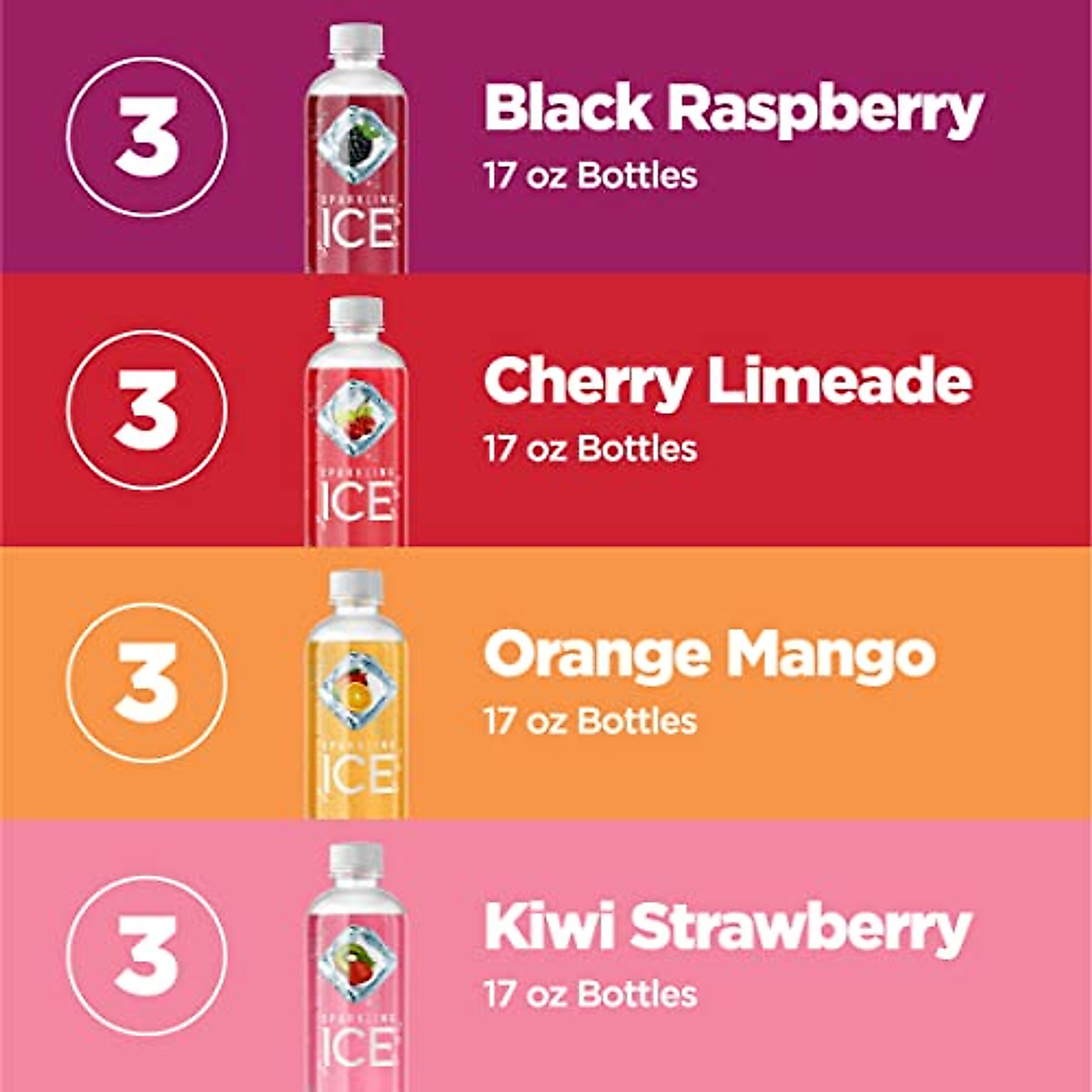 Sparkling Ice Purple Variety Pack, Flavored Sparkling Water, Zero Sugar, with Vitamins and Antioxidants, 17 fl oz, 12 count (Black Raspberry, Cherry Limeade, Orange Mango, Kiwi Strawberry)