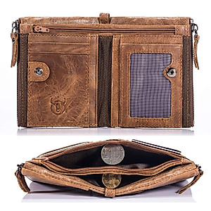 BULLCAPTAIN Genuine Leather Wallet for Men Vintage Bifold with Double Zipper Pockets (Brown)