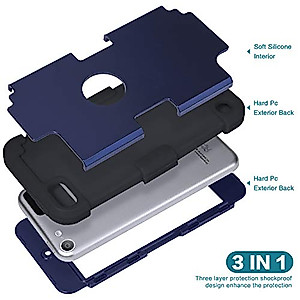iPod Touch Case with 2 Screen Protectors, IDweel 3 in 1 Hard PC Case + Silicone Shockproof for Kids Heavy Duty Hard Case Cover for 2019 iPod Touch 7th/6th/5th Generation, Navy Blue + Gray