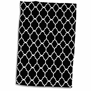 3D Rose Image of Black and White Quatrefoil Pattern Hand Towel, 15" x 22", Multicolor