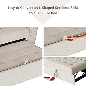 Aoowow Upholstered Sectional Sofa with Reversible Storage Chaise Lounge, Linen Fabric Pull Out Sofa Bed with 2 Throw Pillows, 86 Inch L-Shaped Couch, 3-Seat Sleeper Sofa for Living Room (Beige)