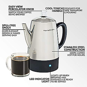 Homecraft HCPC10SS 10-Cup Stainless Steel Coffee Maker Percolator, Easy-Pour Spout, LED Indicator Light, Keep Warm Function