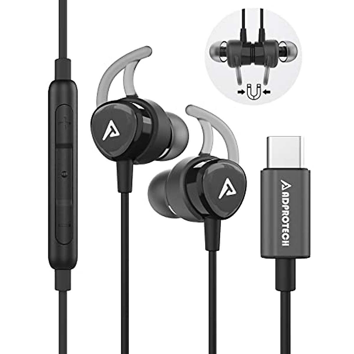 ADPROTECH USB C Headphones, Type C Earbuds Magnetic Wired Earphones with Microphone and Volume Control Compatible with Google Pixel Xiaomi Samsung Oneplus Sony MacBook Black