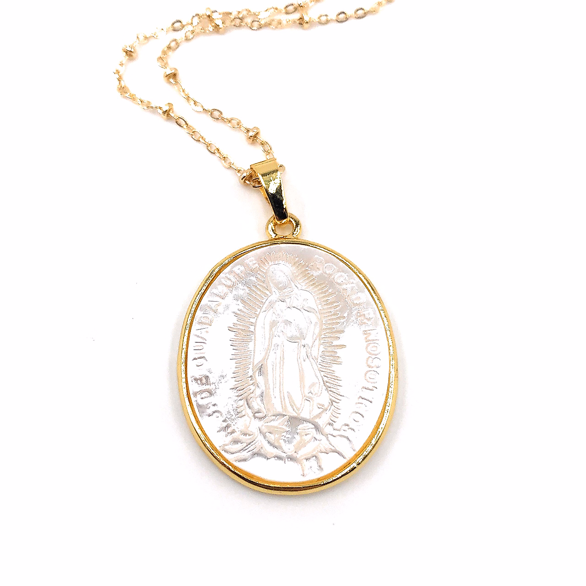 LESLIE BOULES Mother of Pearl Guadalupe Medal Pendant Necklace for Women 18K Gold Plated Chain