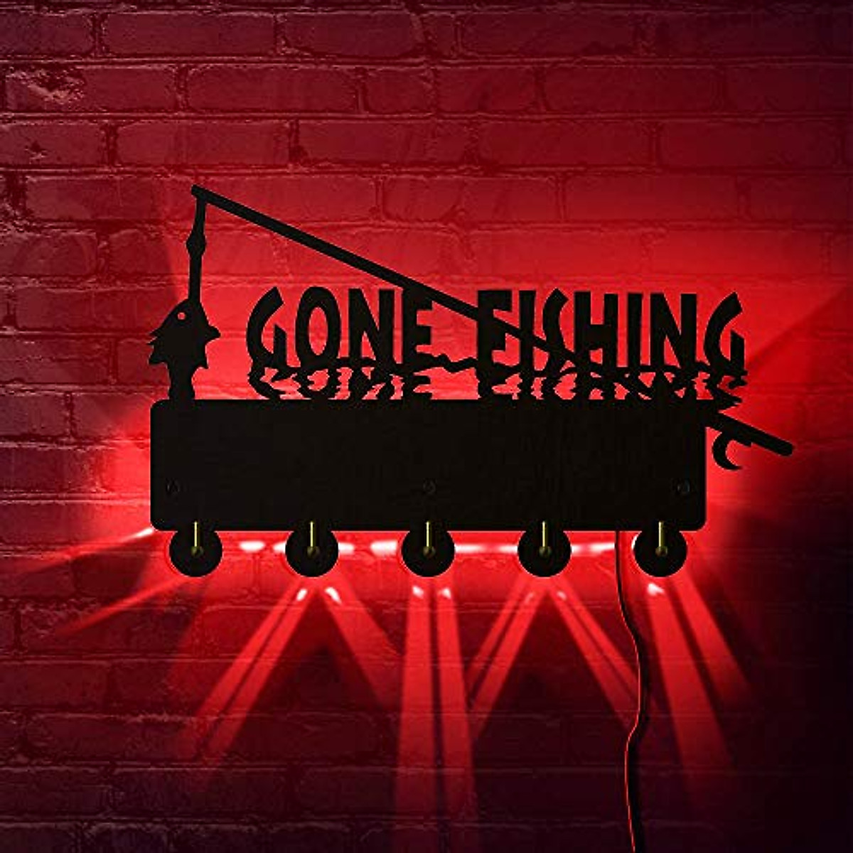 The Geeky Days Coat Wall Hooks with LED Backlight Handmade Wooden Gone Fishing Wall Hanger Fishing Art Decorative Towel Hooks Creative Nursery Wall Art Decor