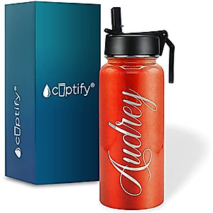Personalized Water Bottle with Straw Lid on Orange Glitter for Gym Engraved Custom Women Name 32 oz Modern Insulated Stainless
