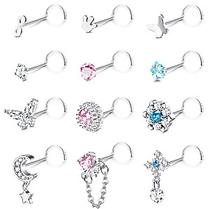 JOERICA 12Pcs 20G Dangle Nose Rings Nose Studs Corkscrew Dangle Nose Rings for Women Men Stainless Steel Nose Piercing Jewelry CZ Heart Moon Butterfly Nose Rings Studs Silver Tone