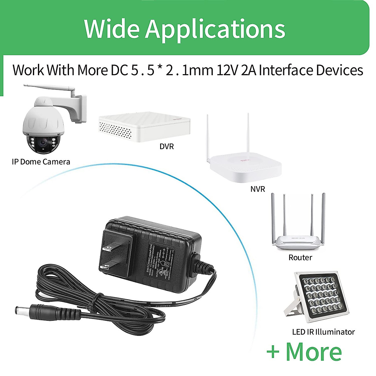 Security-01 AC 100-240V to DC 12V 2A Power Supply Adapter with 4 Ways Splitter Cable for Security Camera/DVR/NVR/Led Strip Lights/Router/Monitor/Keyboard,UL Listed