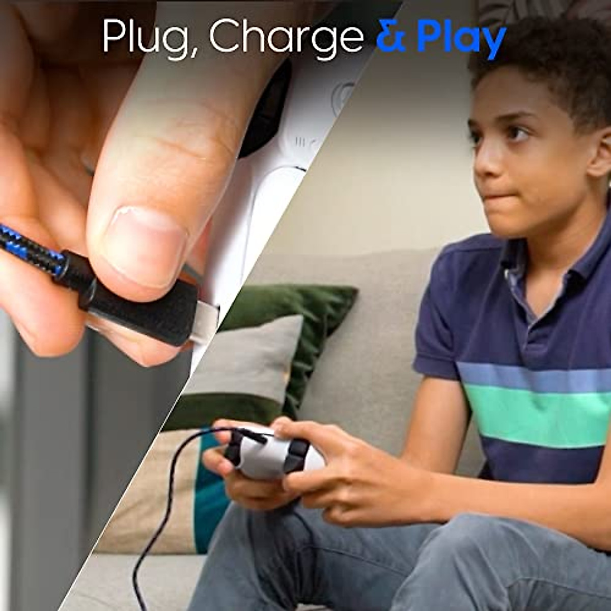 TALK WORKS Fast Charge USB-C Charger Cable for PS5 Controller - 10 Feet Long, Heavy-Duty Braided Type C Cord Charging Compatible with Sony Playstation 5 - Black-Blue (2 Pack)