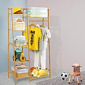 COOGOU Wood Clothes Rack Garment Racks for Hanging Bamboo Clothing Rack with Shelves Corner Narrow Hanging Clothes Racks for Kids Childs Clothes Organizer Small Space,Free Standing (Ladder Design)