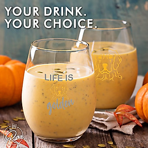 On The Rox Drinks Golden Retriever Gifts for Dog Lovers - Life Is Golden 15 oz Stemless Wine Glass Set of 2 - Cute Dog Face Glasses for Women - Funny Tumbler, Cup for Pet Lovers