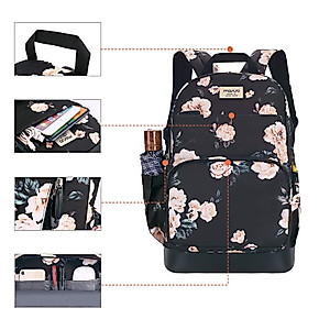 MOSISO 15.6-16 inch Laptop Backpack for Women Girls, Polyester Anti-Theft Stylish Casual Daypack Bag with Luggage Strap & USB Charging Port, Camellia Travel Business College School Bookbag, Black