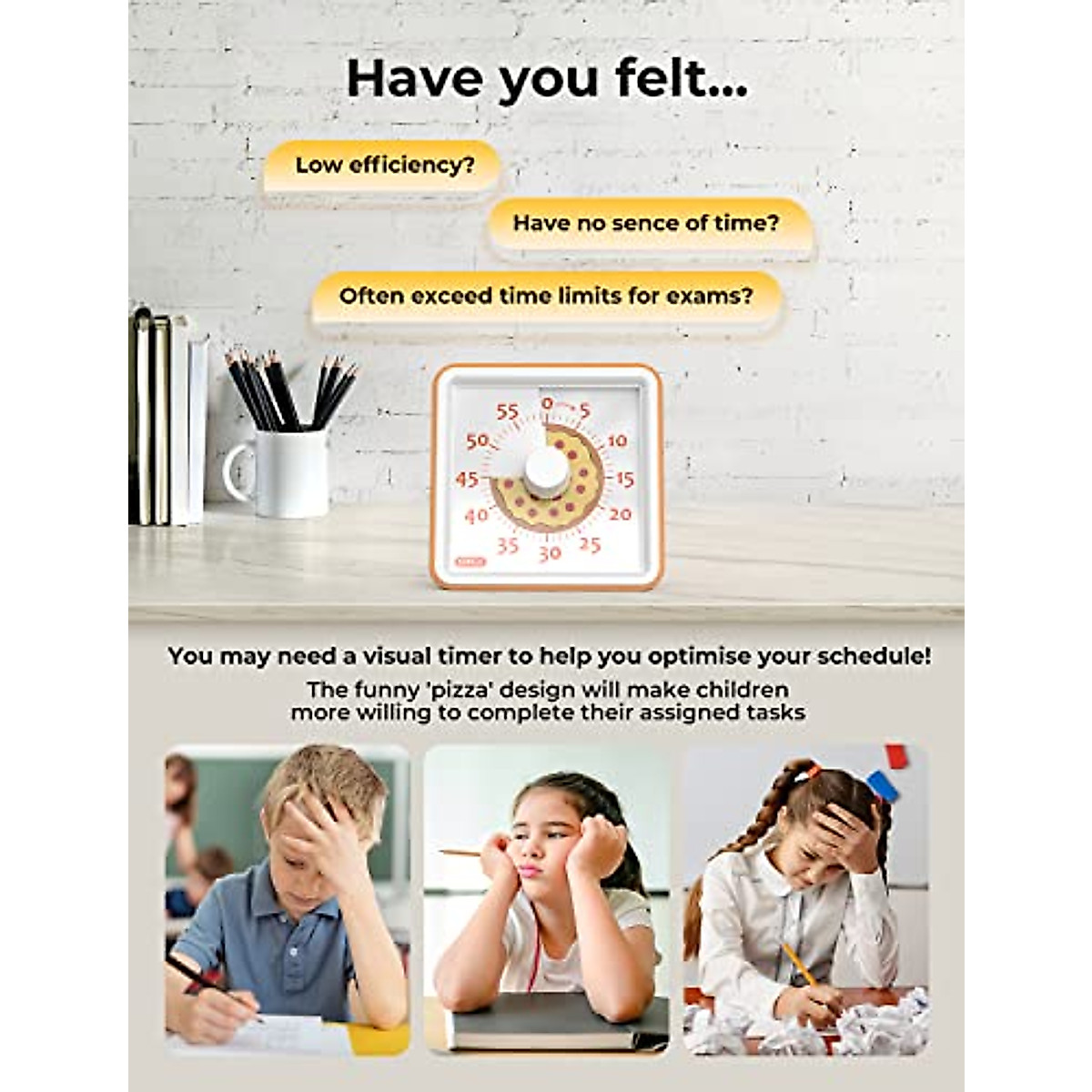 LIORQUE 60 Minute Visual Timer for Kids, Visual Countdown Timer for Classroom Office Kitchen with 'Pizza' Pattern Design, Pomodoro Timer with Silent Operation (Batteries Included) - Orange …