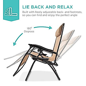 Best Choice Products 2-Person Double Wide Adjustable Folding Steel Mesh Zero Gravity Lounge Recliner Chair for Patio, Lawn, Balcony, Backyard, Beach, Outdoor Sports w/Cup Holders - Beige