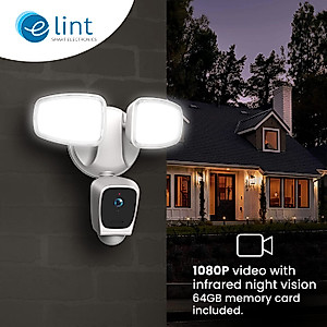 Floodlight Camera by elint, 1080p, No Subscription, Flood Light Camera Outdoor with Free 64GB Card, 3000 lm Brightness, Weatherproof Floodlight Camera