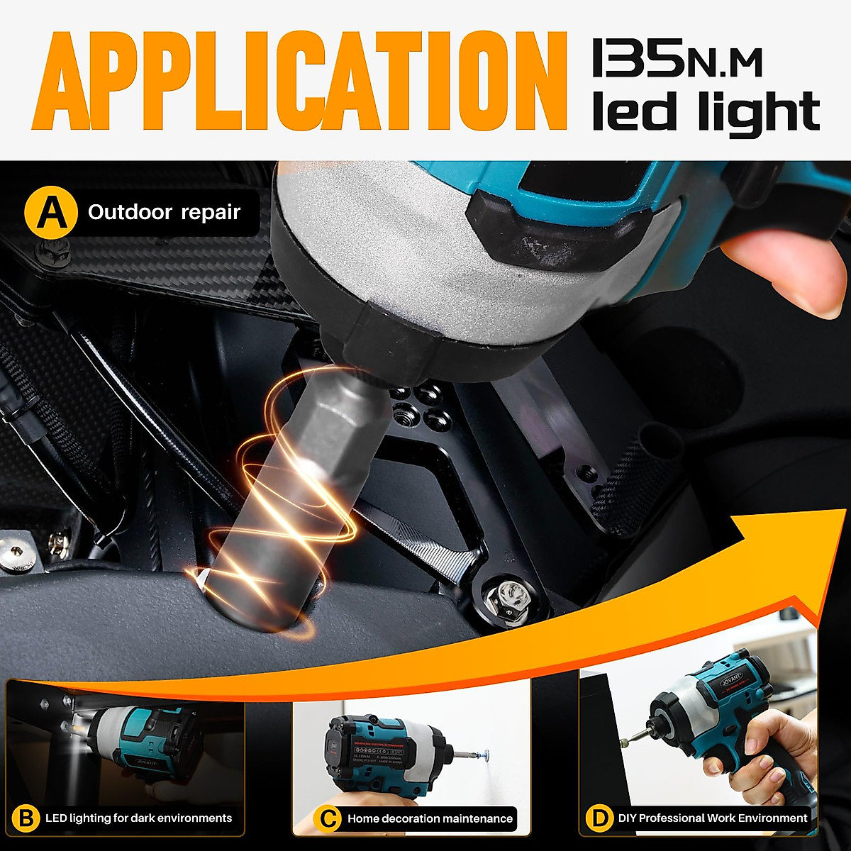 Cordless Impact Driver with 2x2.0Ah Battery and Charger, 100Ft-lbs(135N.m) Drill/Driver Set, 3200RPM Brushless 1/4 inch Hex Impact Screwdriver with Bit Accessories, 4+3 Speed, Led Light-JOVANT