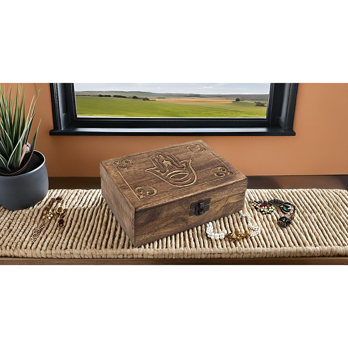Great Birthday Gifts Handmade Decorative Wooden Jewelry Box Hamsa Hand Carving Jewelry Organizer Keepsake Box Treasure Chest Trinket Holder Watch Box Storage Lock Box 7 x 5 Inches Housewarming Gift